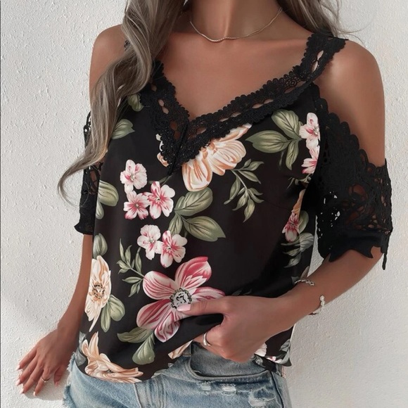 Tops | Boho Floral Print Lace Trim Cold Shoulder Blouse | Poshmark